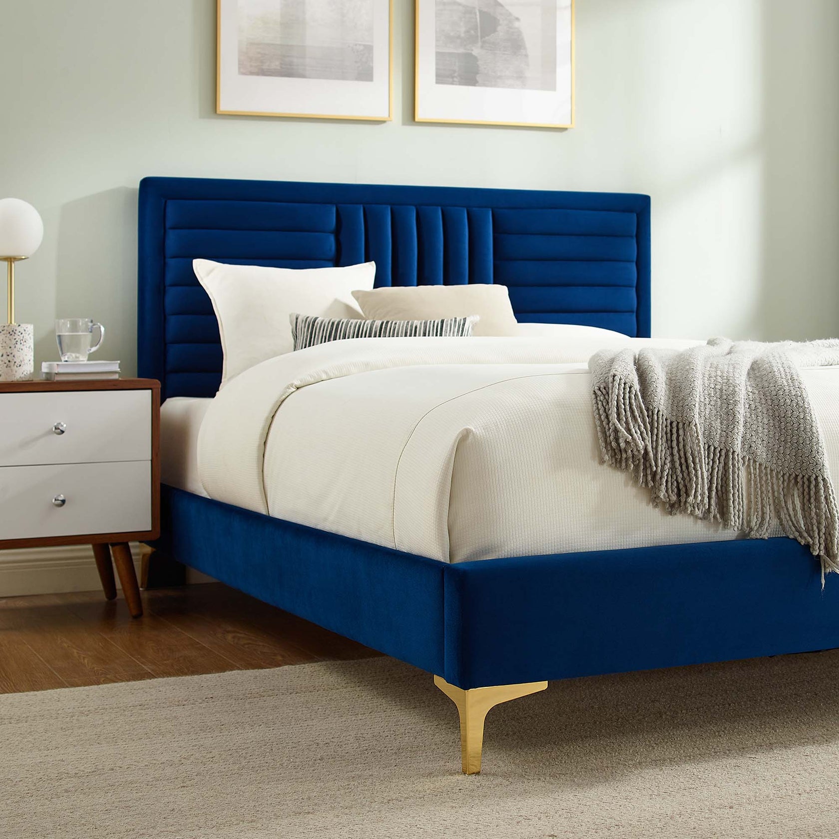 Sofia Channel Tufted Performance Velvet Platform Bed With Gold Metal L